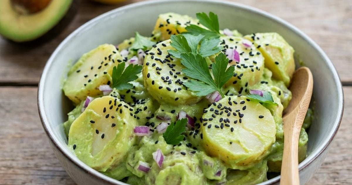 Cremiger Erdäpfelsalat mit Avocado & schwarzem Sesam | Gurkerl Küche